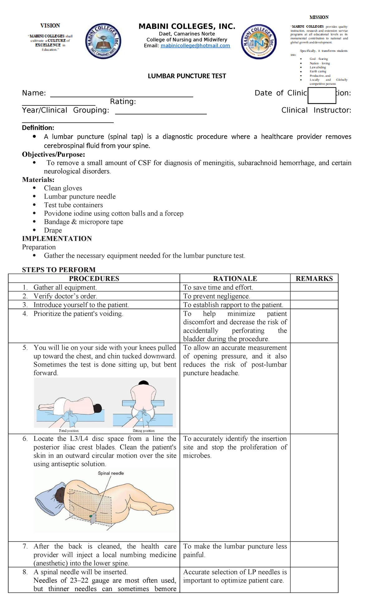 NCM 109 Checklist: Lumbar Puncture Test Procedure Guide - Studocu