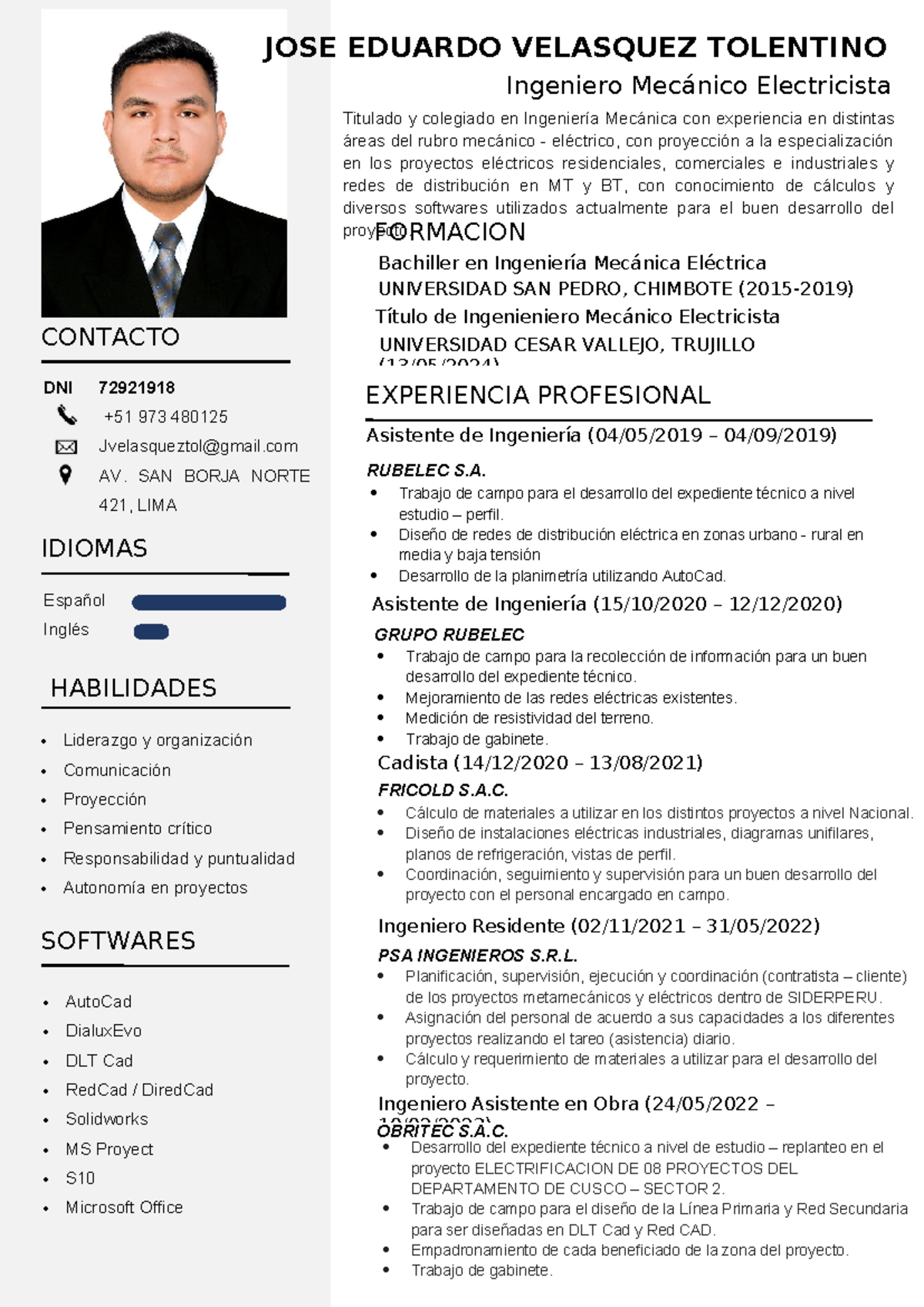 Curriculum Vitae - Ingeniero Mecánico Electricista JCO - Studocu