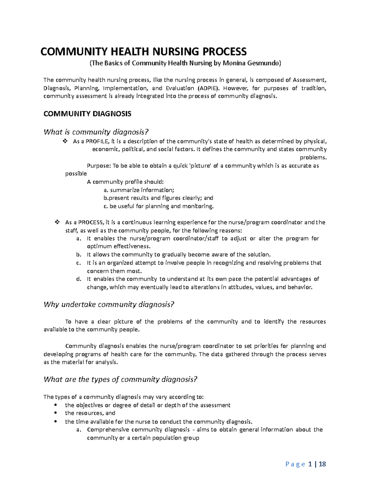 Community Health Nursing Process: A Comprehensive Guide to ADPIE - Studocu