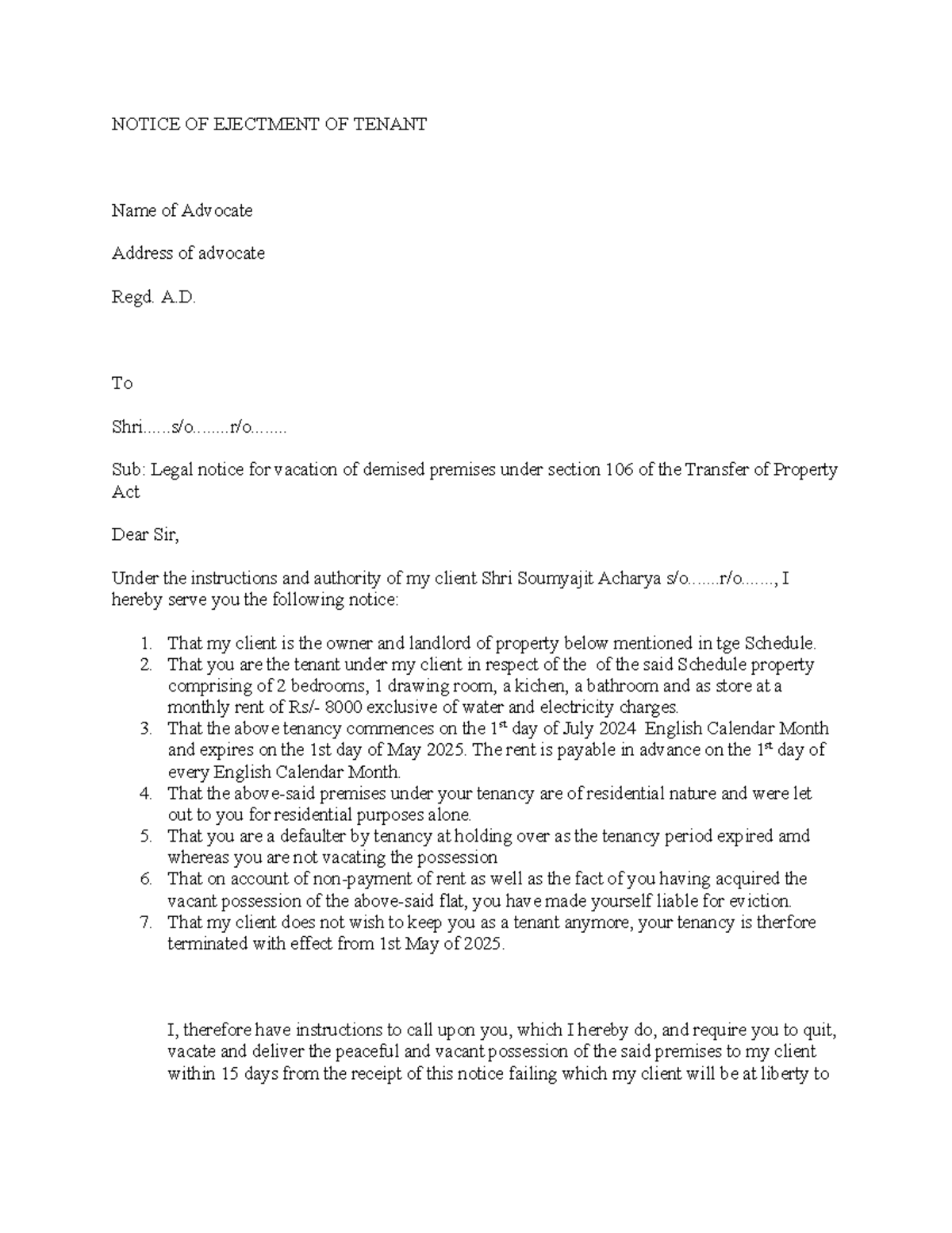 455671759 Legal Notice for Ejectment of Tenant - Studocu