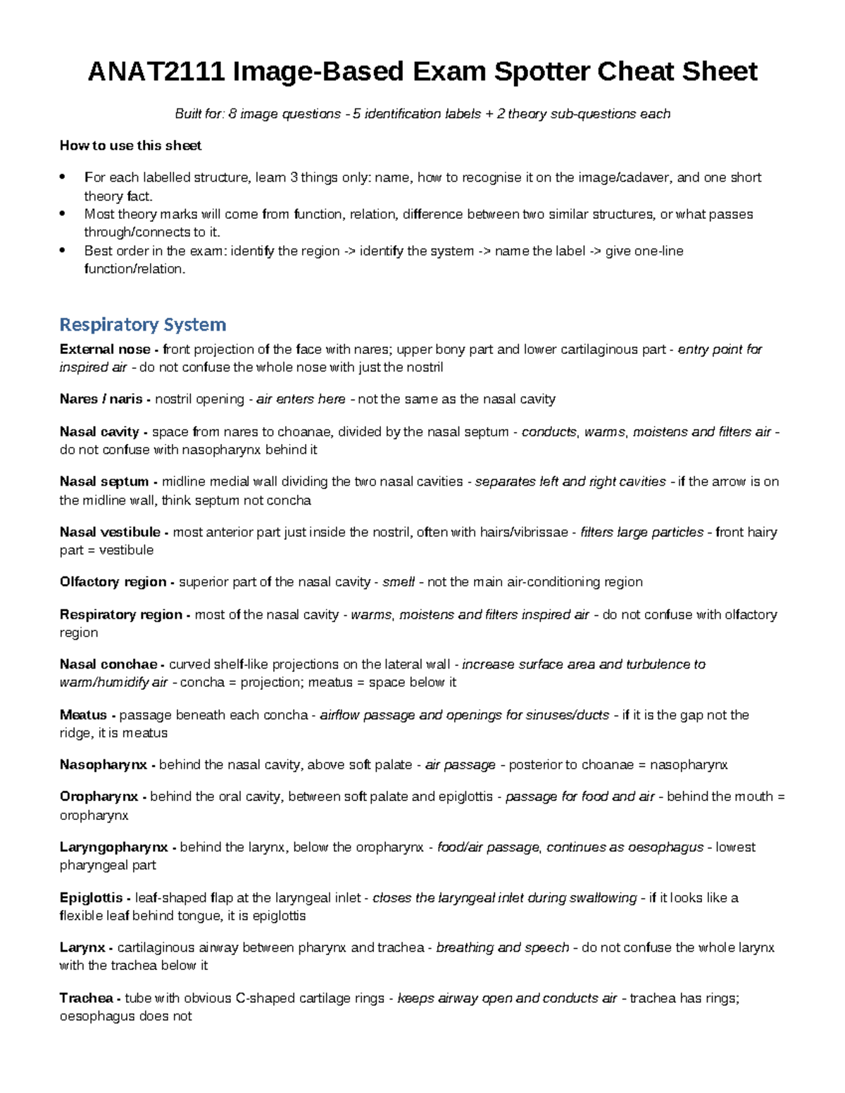 ANAT2111 Exam Spotter Cheat Sheet for Anatomy Structures - Studocu