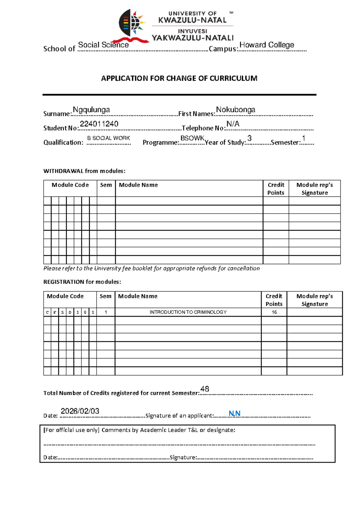 Change of curriculum Form - School of - Studocu