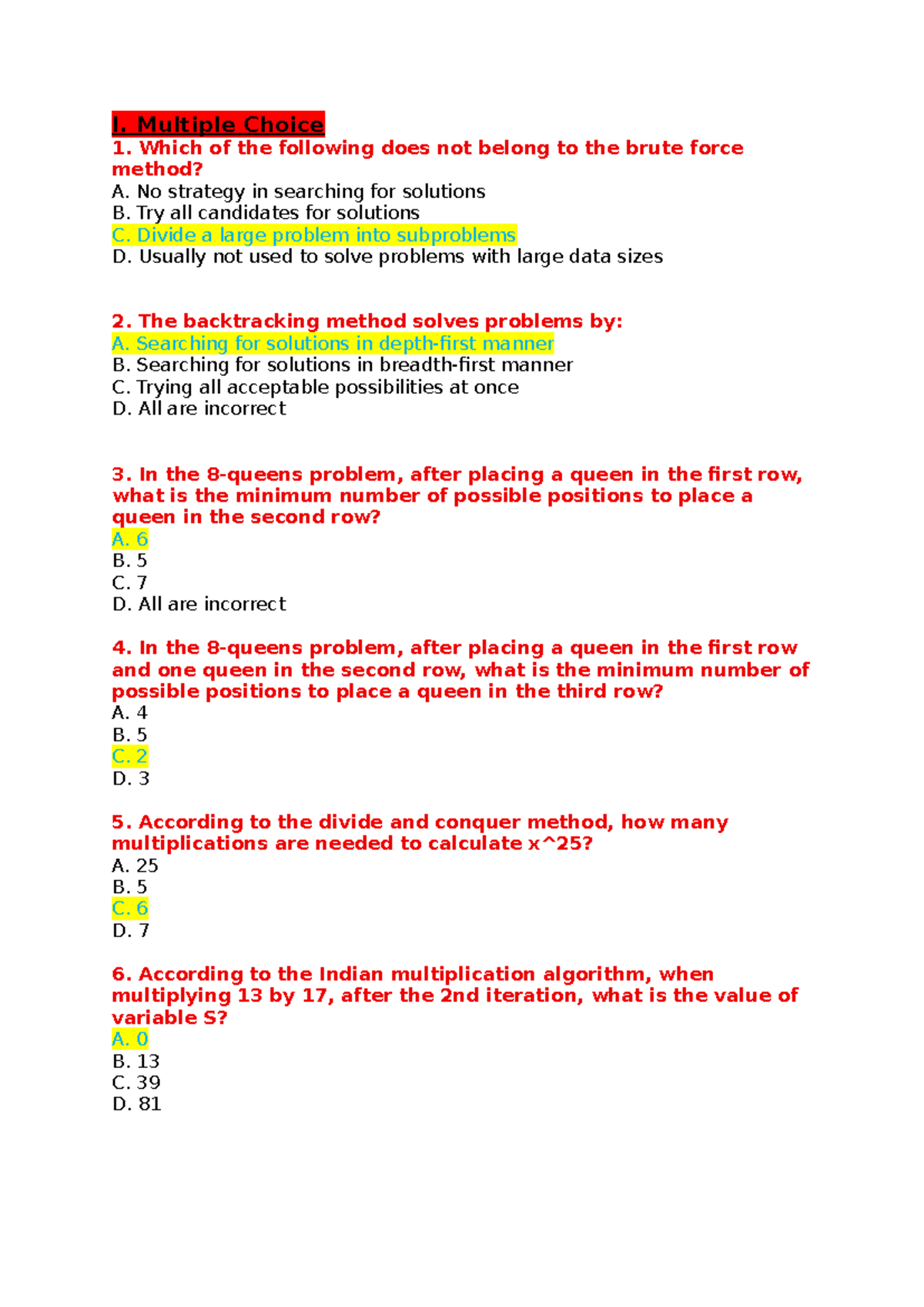 CS101: Multiple Choice Questions on Algorithms and Data Structures ...