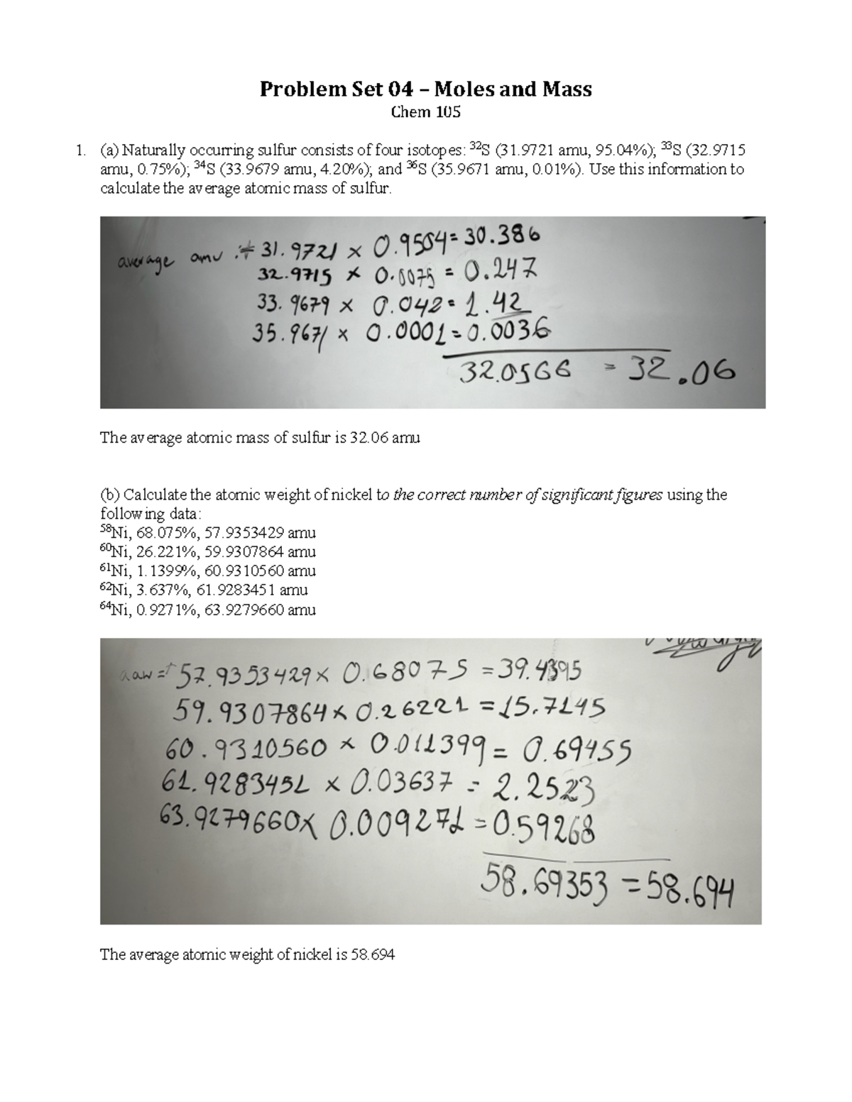 PROB 4 CHEM 105 Lab - Moles and Mass Problem Set Solutions - Studocu