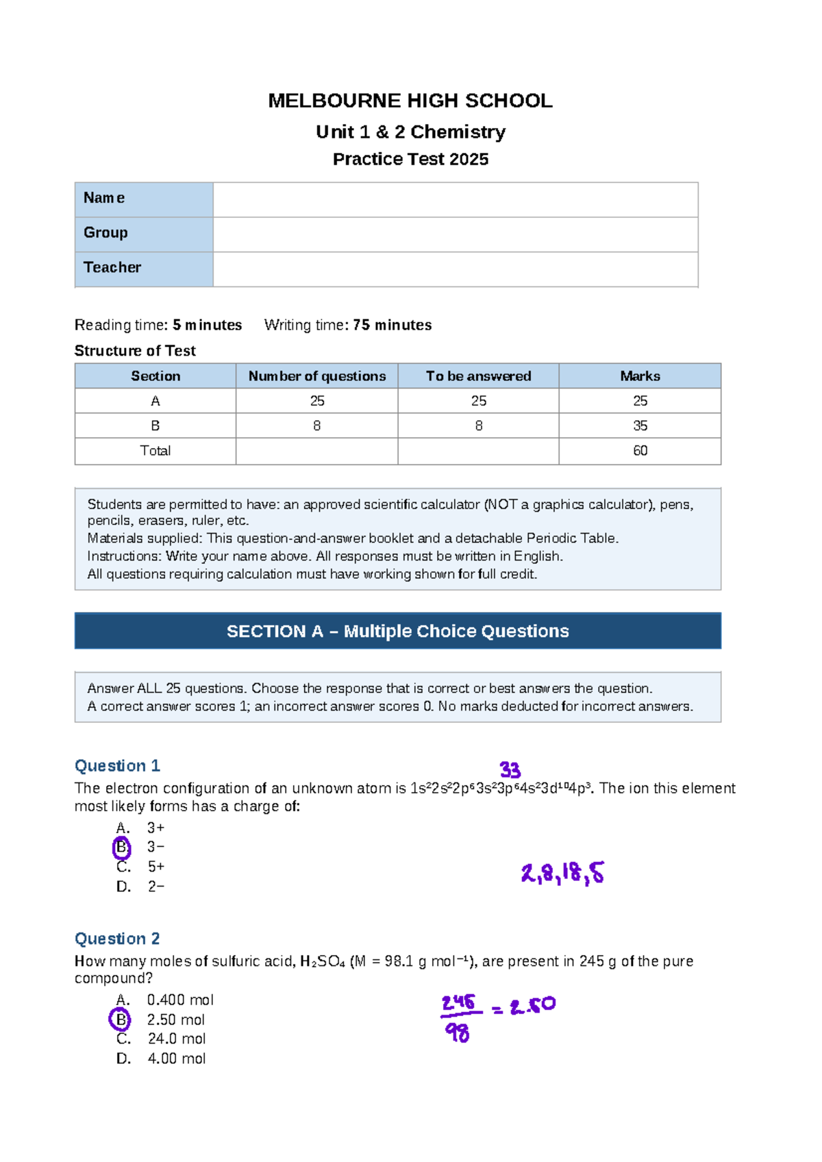 VCE Chem Unit 1 Practice Test 2025 - Melbourne High School - Studocu
