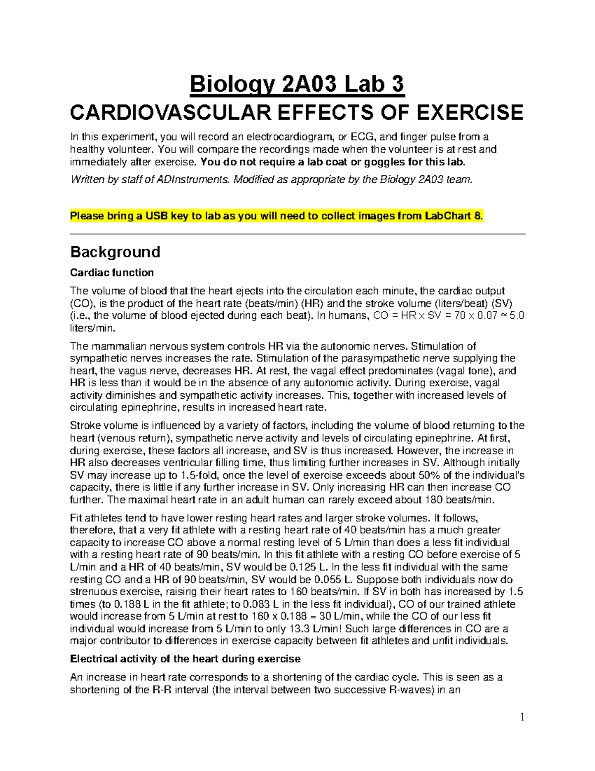 Lab3-manual- Biology 2A03 Lab 3 CARDIOVASCULAR EFFECTS OF EXERCISE In ...