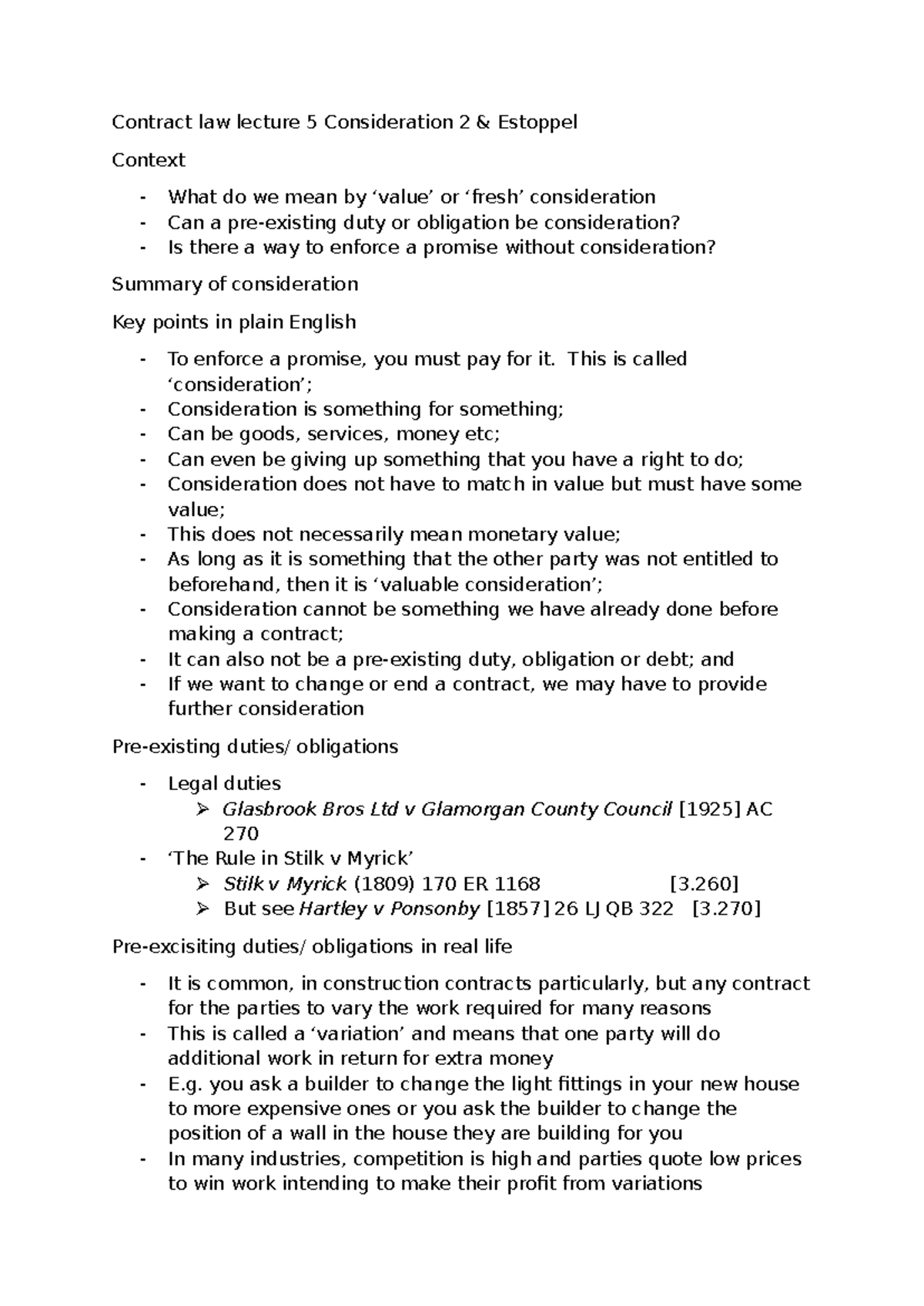 Contract Law Lecture 5: Consideration & Estoppel Explained - Studocu