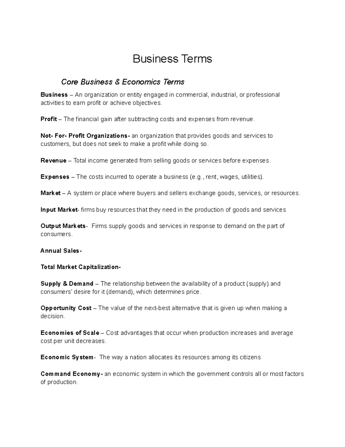 BU111 - Chapter 1: Core Business Economics Terms and Concepts - Studocu
