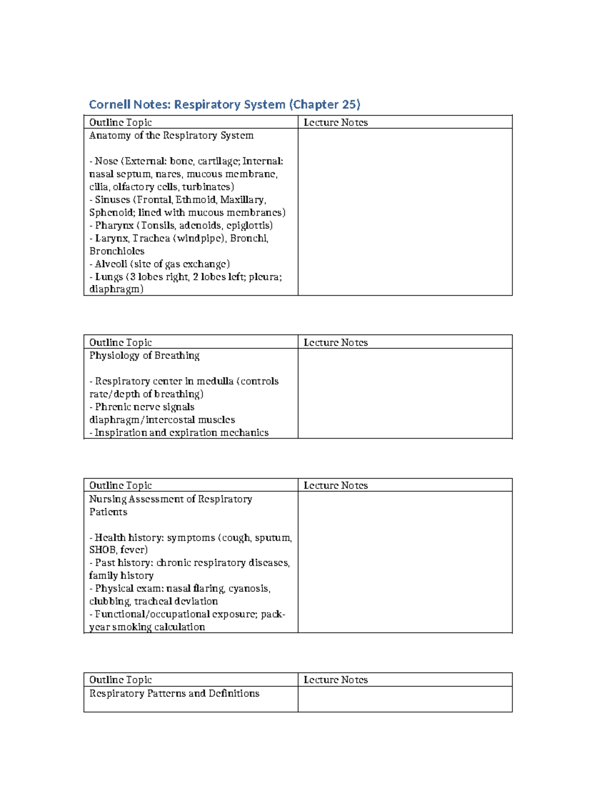 Cornell Notes: Respiratory System Lecture (Chapter 25) Overview - Studocu