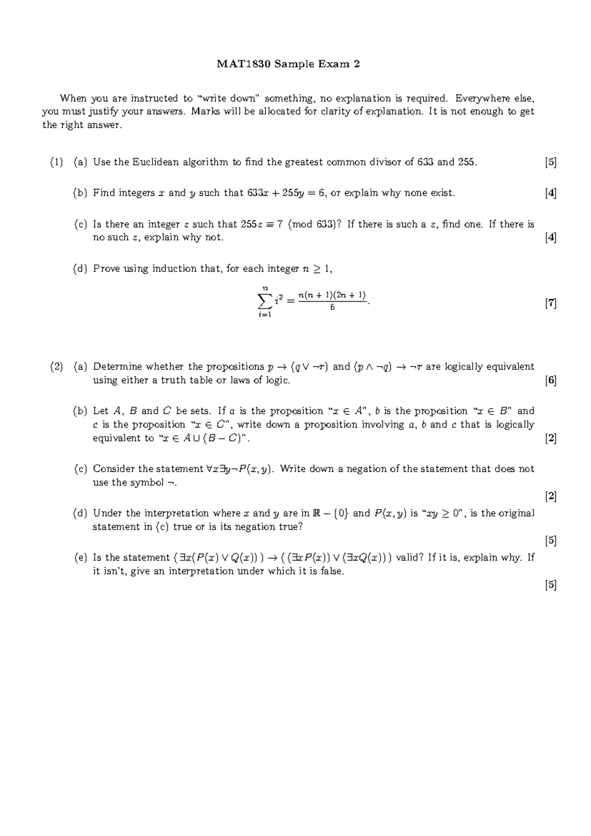 MAT1830 Sample Exam 2: Practice Questions and Solutions - Studocu