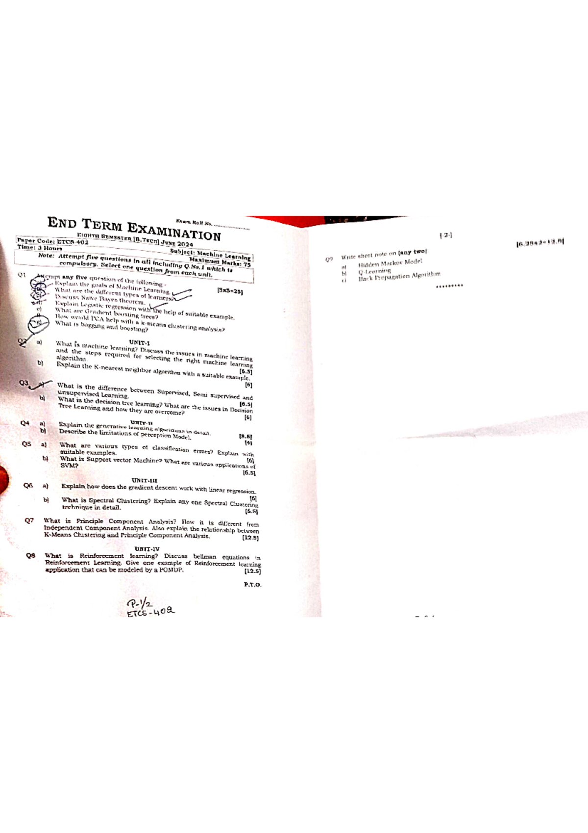 Machine Learning Eighth Term Exam Question Paper (Semester June 2024 ...