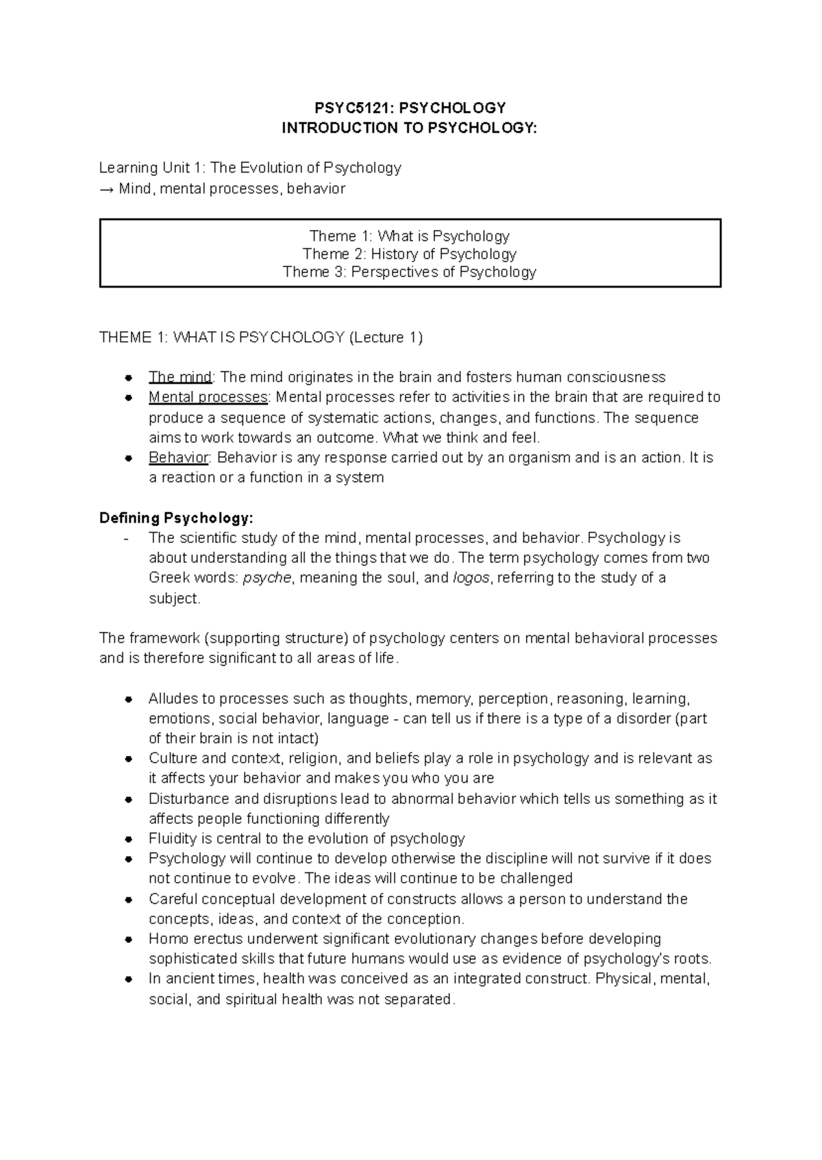 PSYC5121 Lecture Notes: Intro to Psychology & Research Methods - Studocu