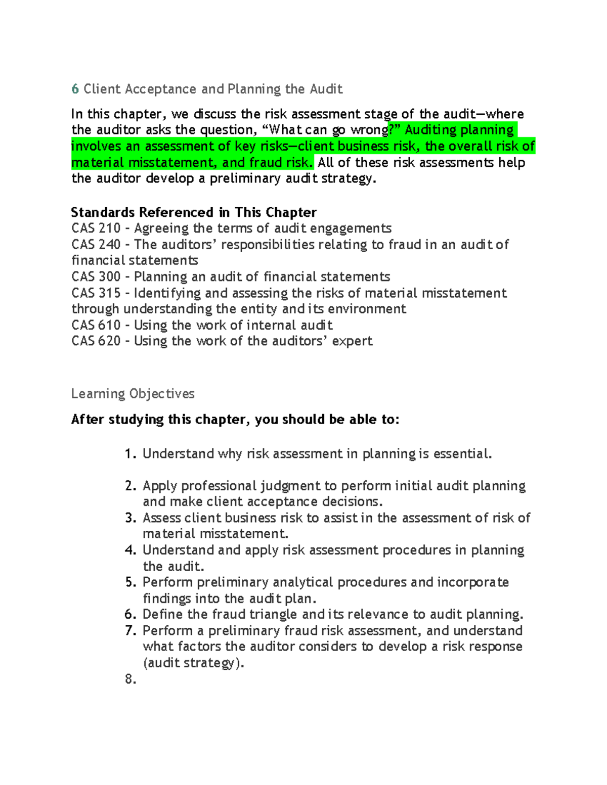Client Acceptance & Risk Assessment in Audit Planning (Course: CAS 300 ...