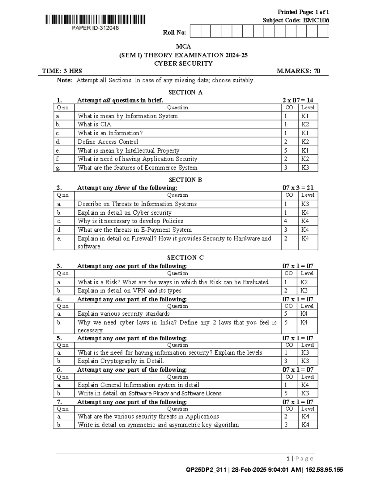 Cyber Security BMC106 Theory Exam Question Paper (2024-2025) - Studocu