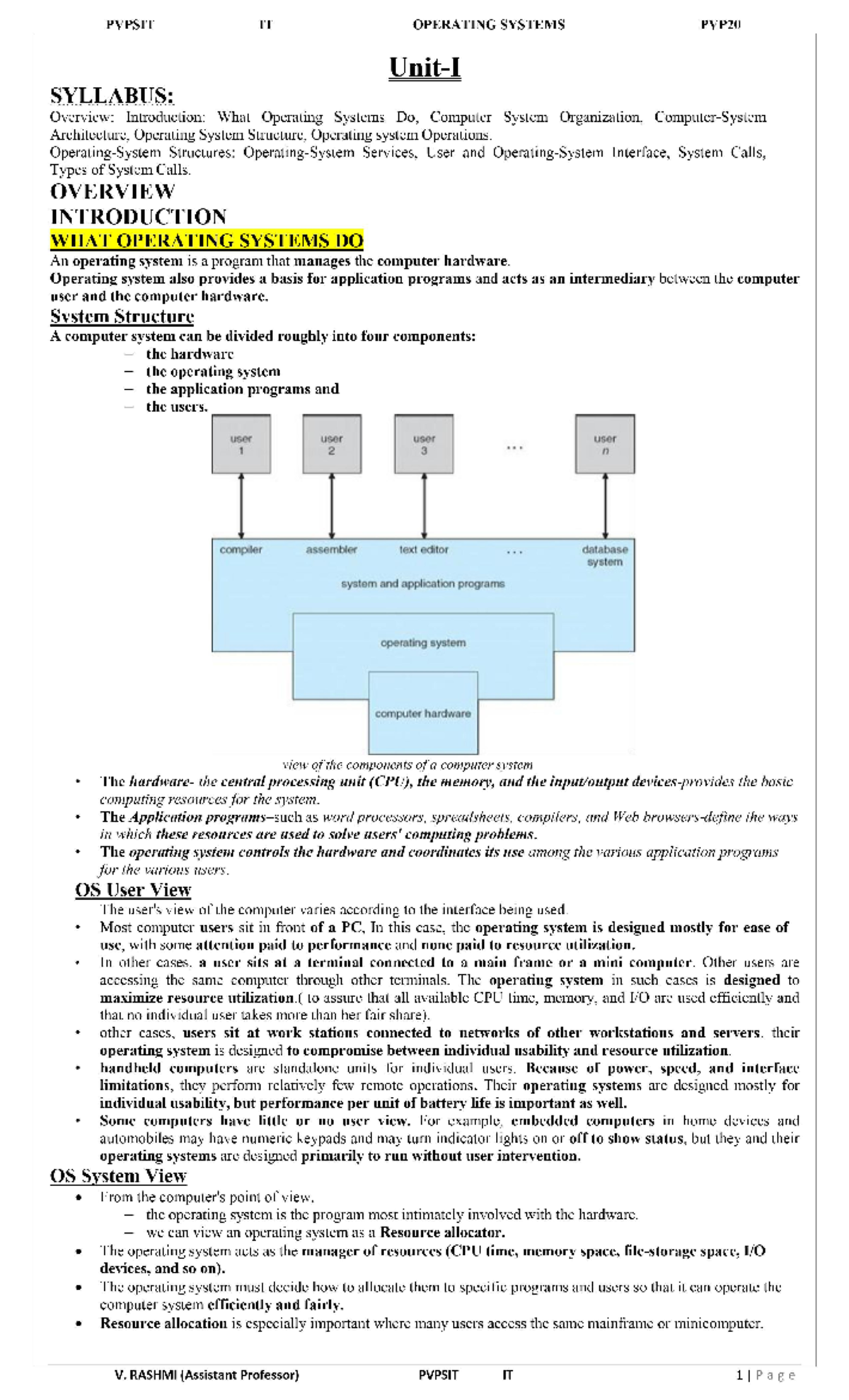 OS PVP20 UNIT-1 Lecture Notes: Introduction to Operating Systems - Studocu
