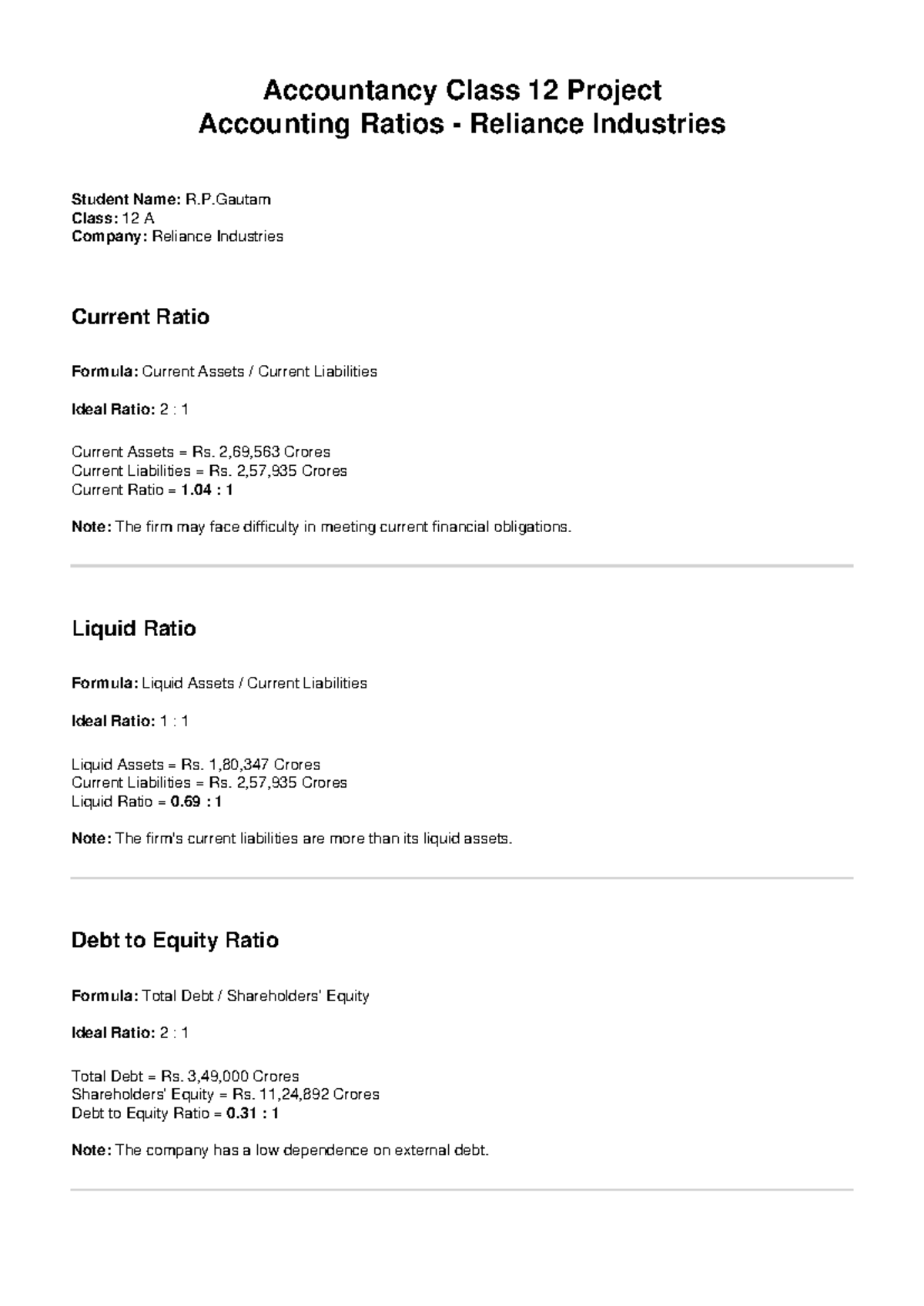 Accountancy Class 12 Project: Reliance Industries Accounting Ratios ...