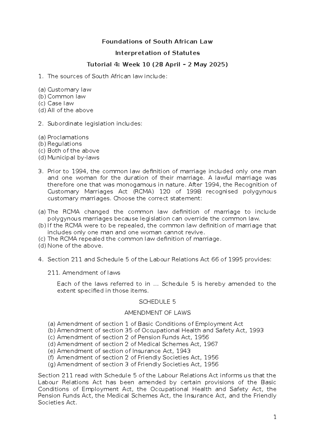 Foundations of South African Law: Statute Interpretation Tutorial 4 ...