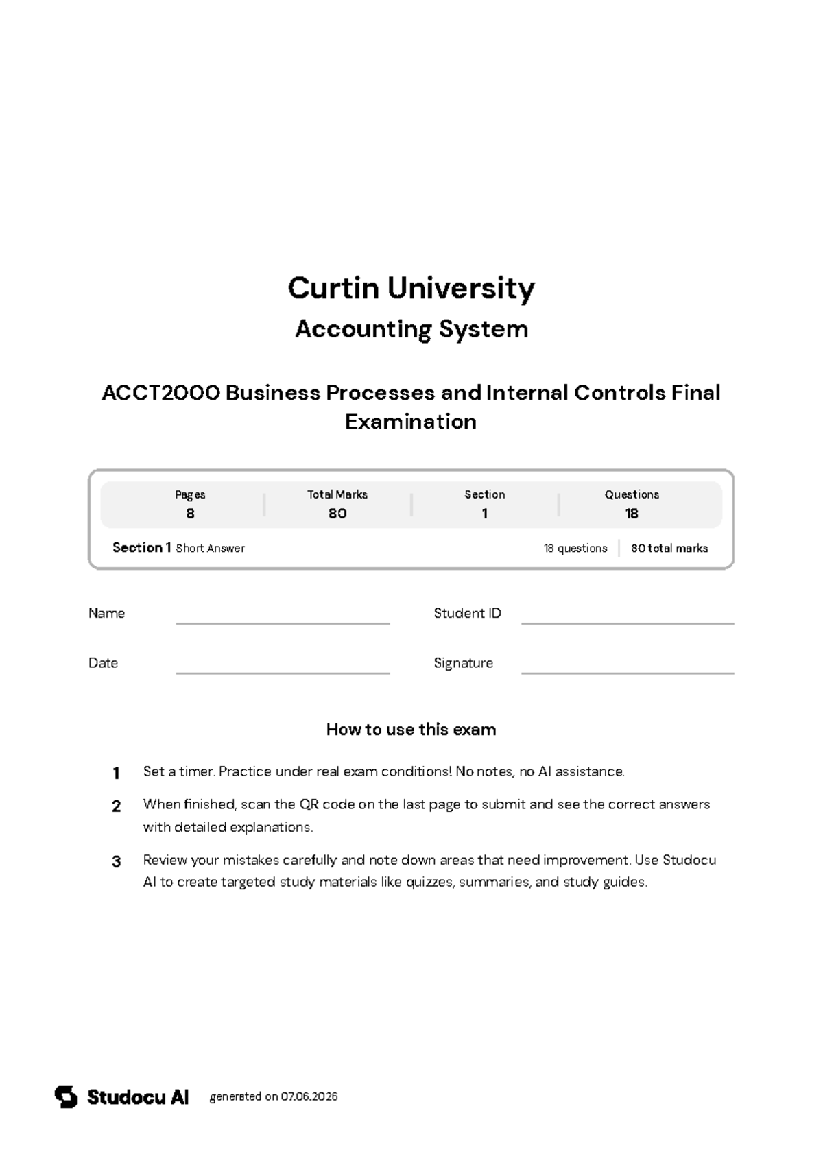 ACCT2000 Final Exam: Business Processes & Internal Controls - Studocu