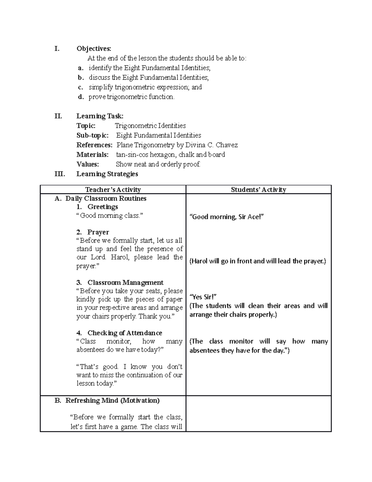 Lesson Plan: Teaching Trigonometric Identities (Math) - Studocu