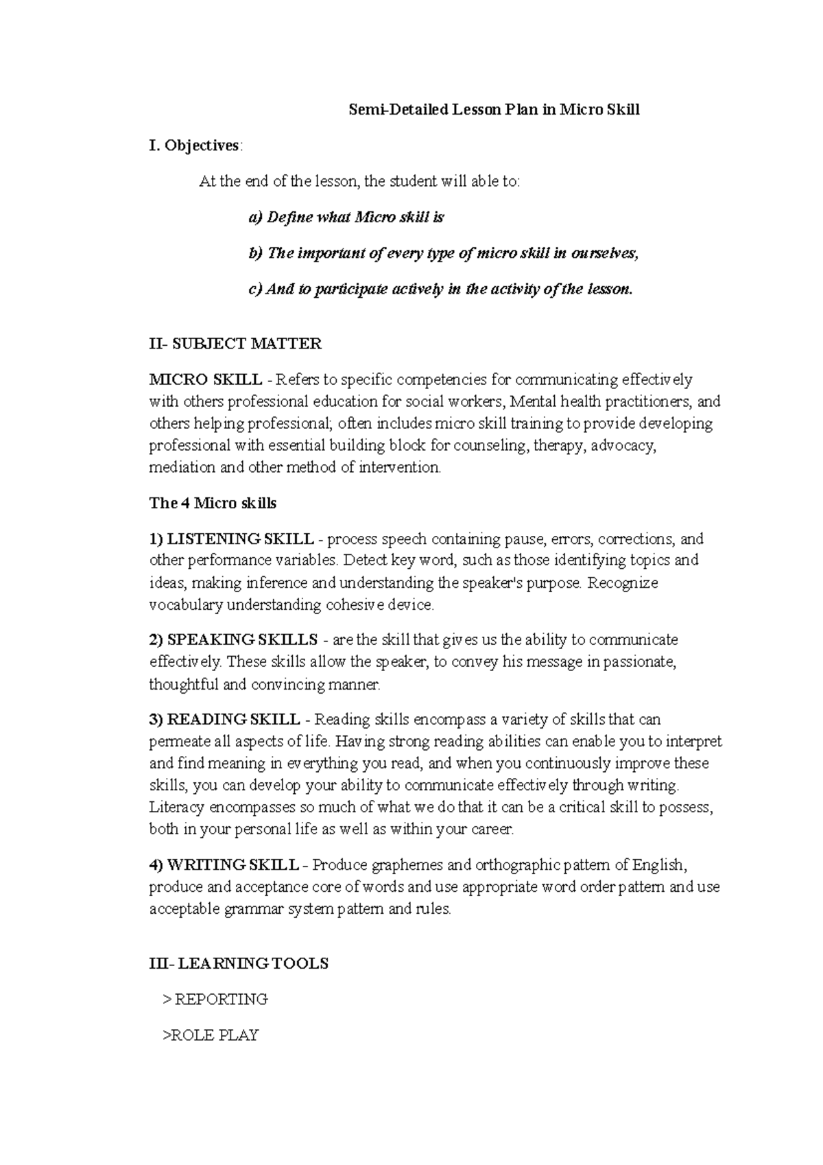 Micro Skill Semi-Detailed Lesson Plan: Objectives & Strategies - Studocu