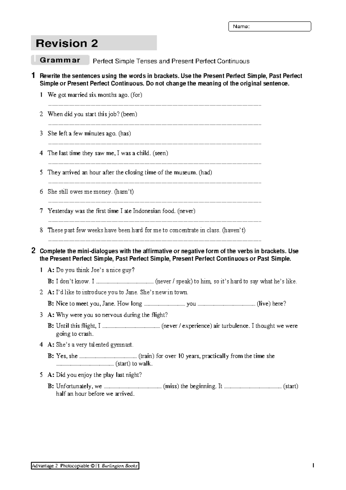 Advantage 2: Revision 2 on Perfect Tenses and Sentence Rewriting - Studocu