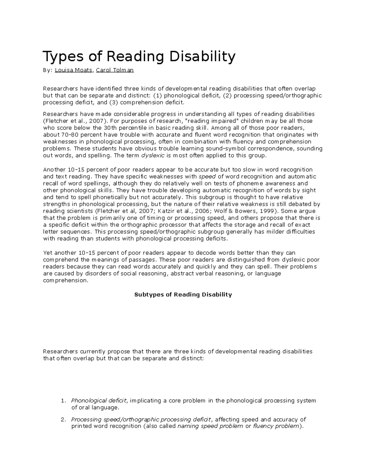 Types of Reading Disability - Researchers have made considerable ...