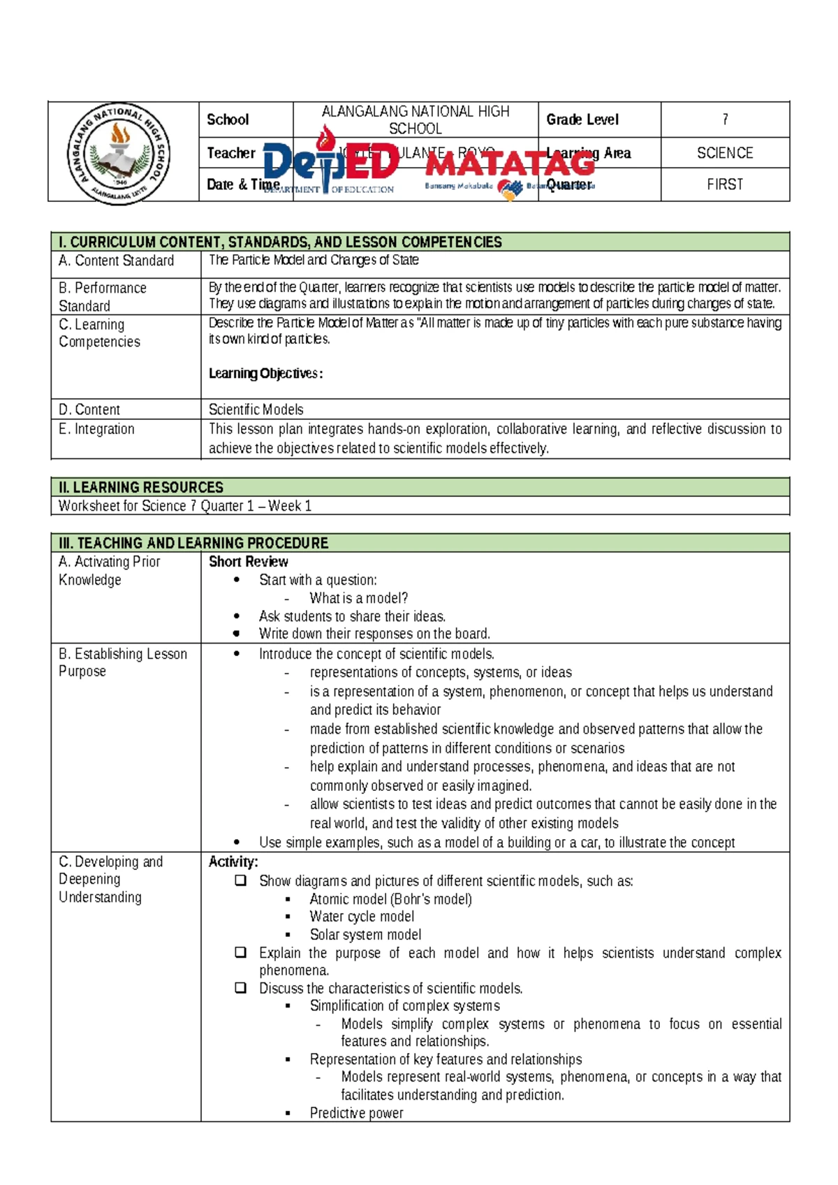 Grade 7 Science Lesson Plan: Atoms & Molecules (1st Quarter) - Studocu