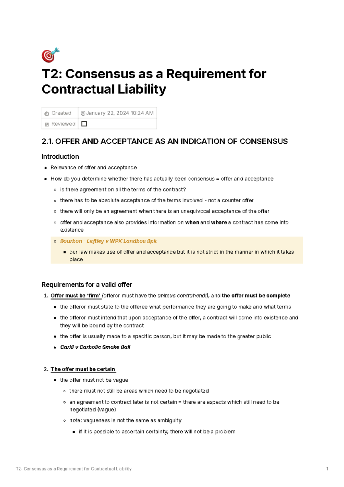 T2: Consensus and Contractual Liability - Offer and Acceptance ...