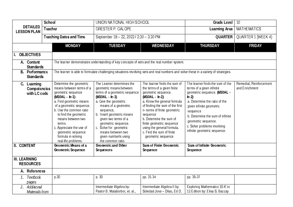 Quarter 1 Week 4 Lesson Plan - Geometric Means in Math (DLL) - Studocu