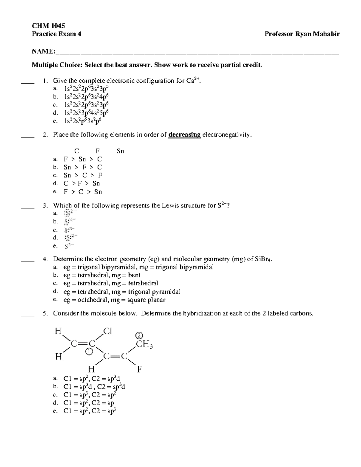 CHM 1045 Final Exam Practice - Multiple Choice Questions - Studocu