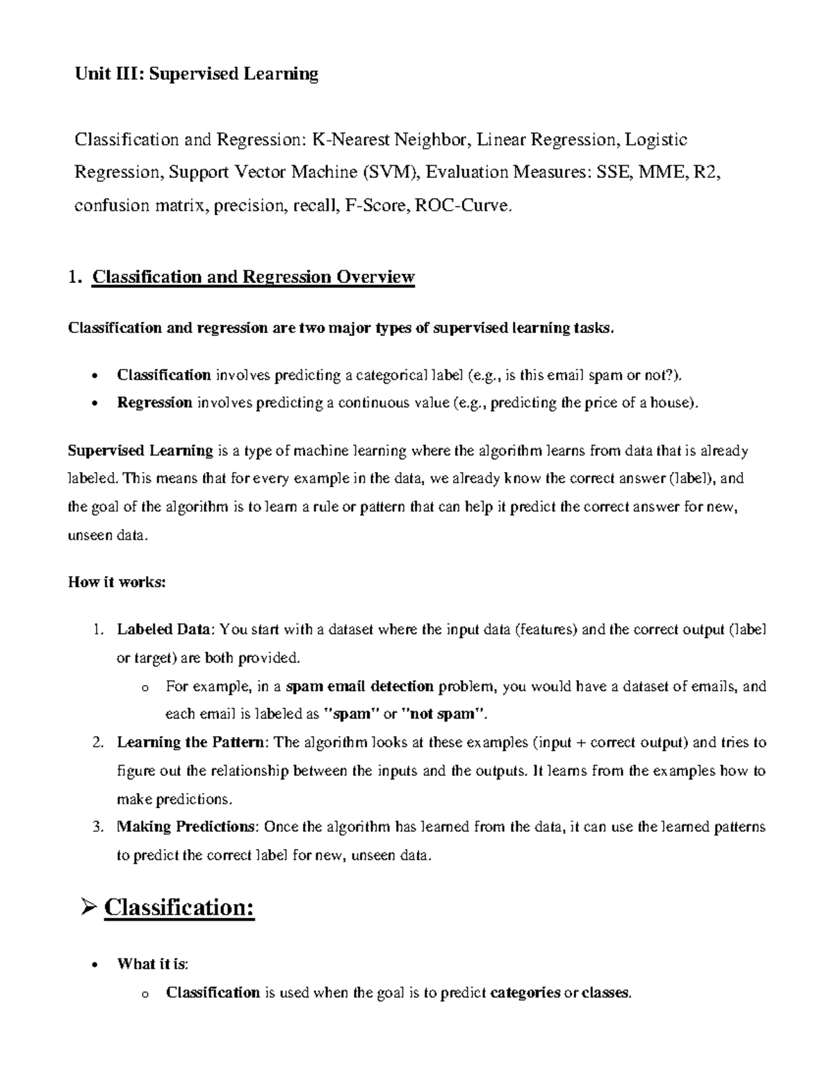 Unit 3 Lecture Notes - ML: Supervised Learning & Evaluation Measures ...