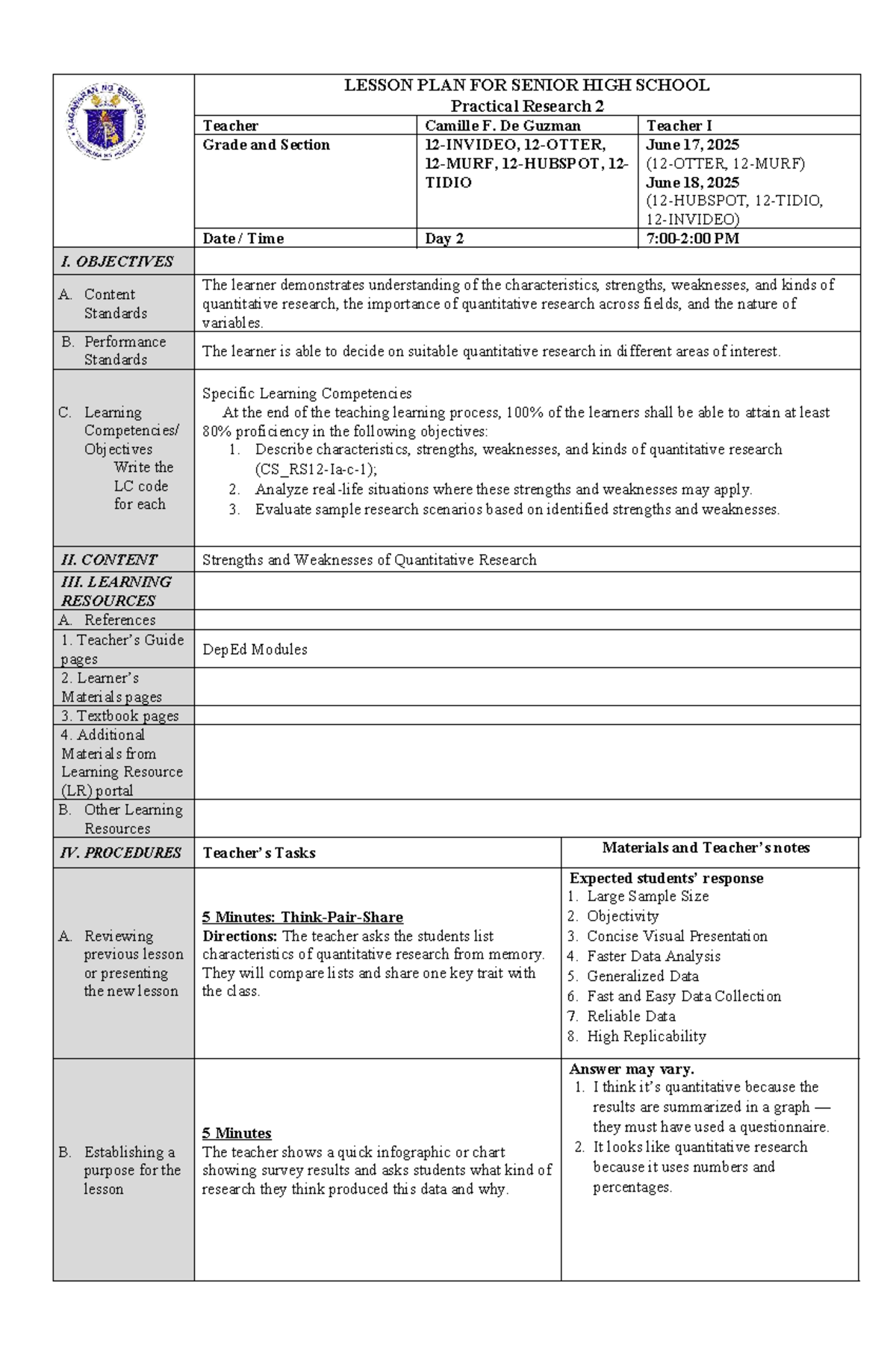 D02 - Lesson Plan for Practical Research 2: Quantitative Research - Studocu