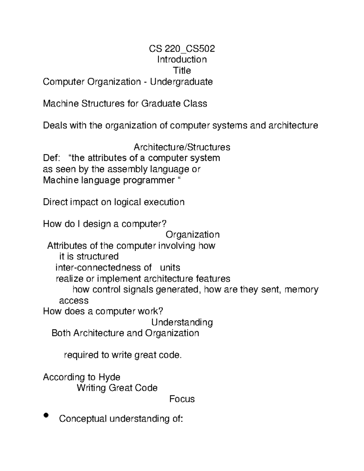CS 220/CS 502: Overview of Computer Organization & Architecture - Studocu