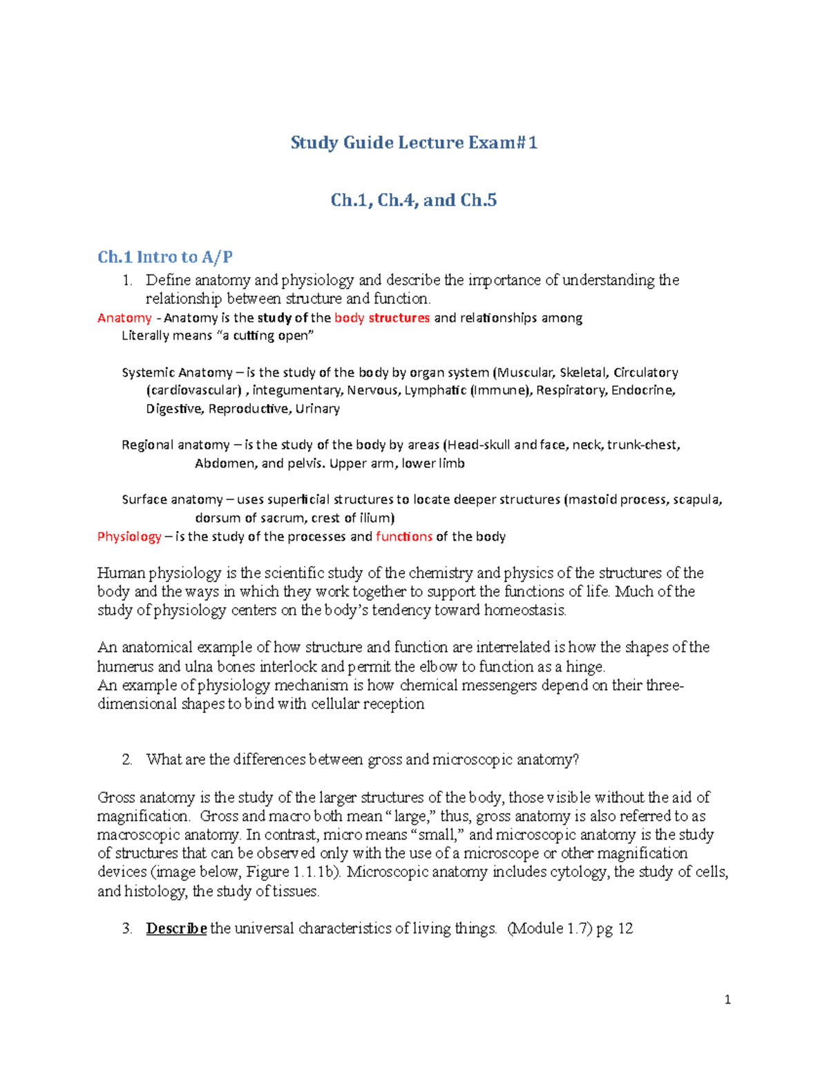 Study Guide for A&P Lecture Exam #1: Anatomy & Physiology Concepts ...