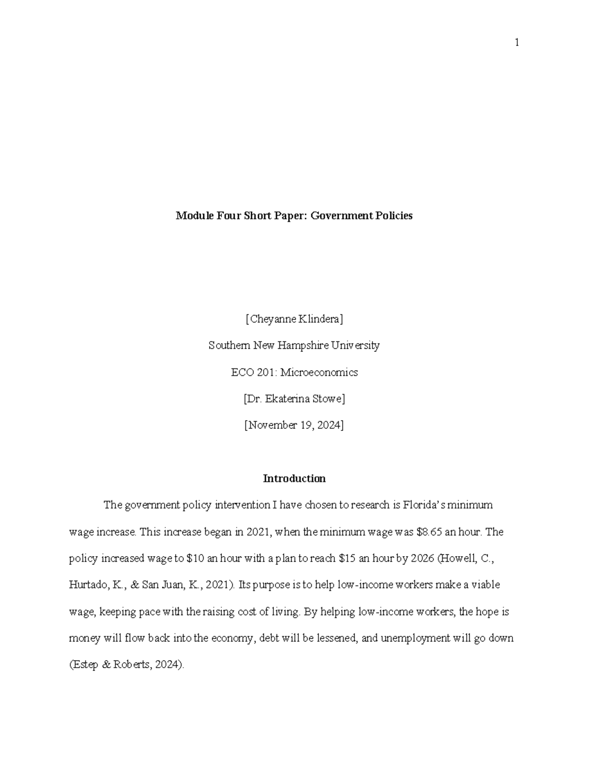 ECO 201 Module Four Short Paper: Analysis of Florida's Minimum Wage ...