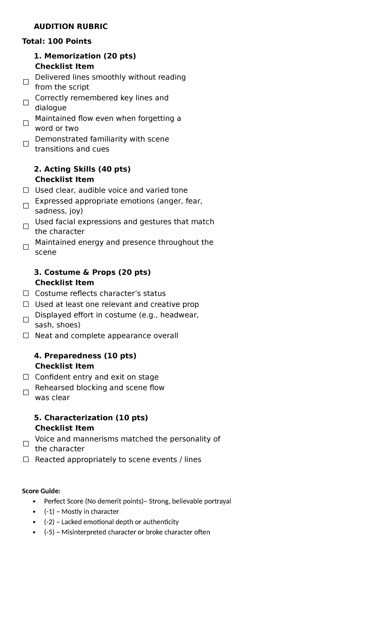 AUDITION RUBRIC: Evaluation Criteria for Performance (100 pts) - Studocu