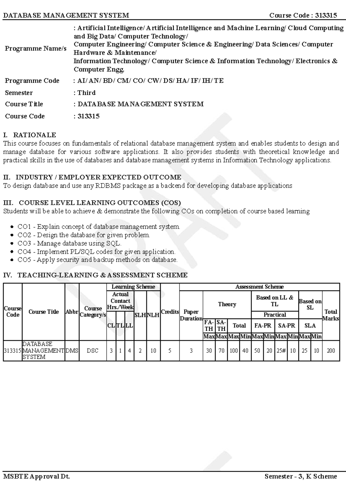 DATABASE MANAGEMENT SYSTEM Course Code: 313315 - Comprehensive Study Guide - Studocu