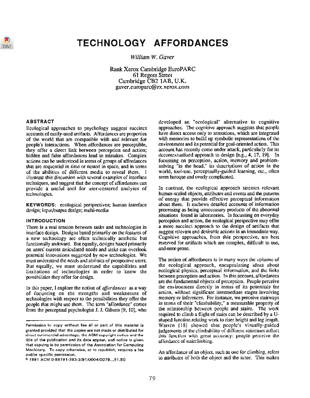 Gaver - 1991 - Understanding Technology Affordances in Design - Studocu