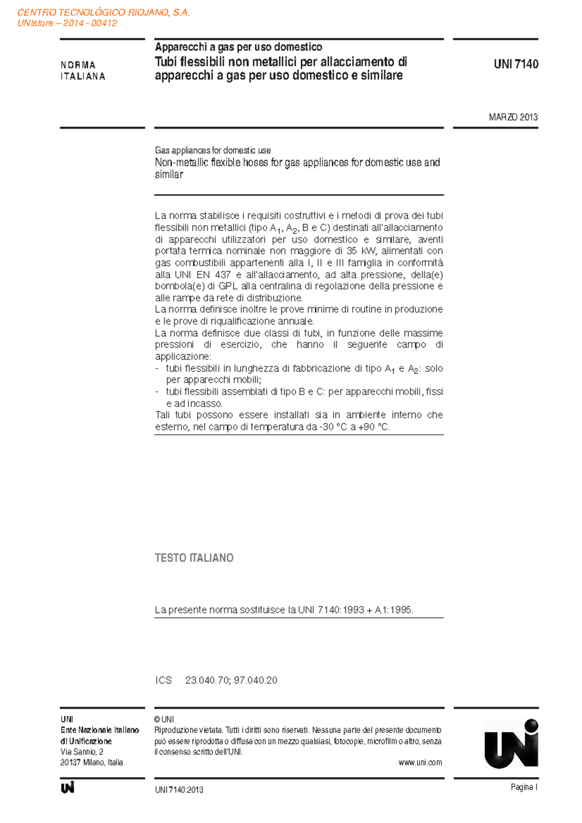 Norma UNI 7140:2013 - Tubi Flessibili per Apparecchi a Gas Domestici ...