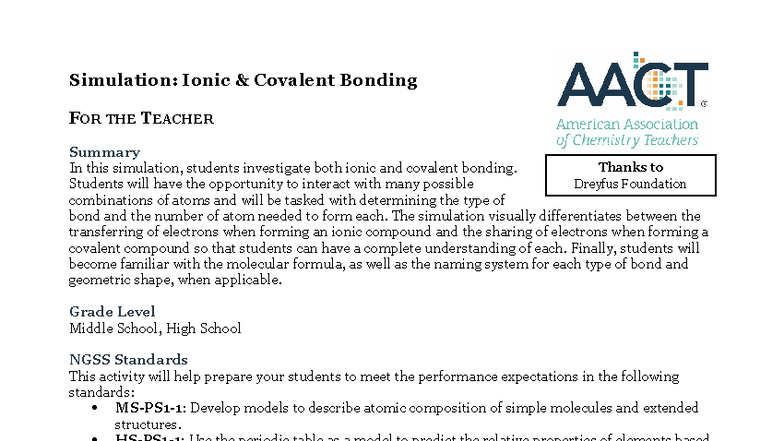 Simulation: Ionic and Covalent Bonding Overview for Teachers - Studocu