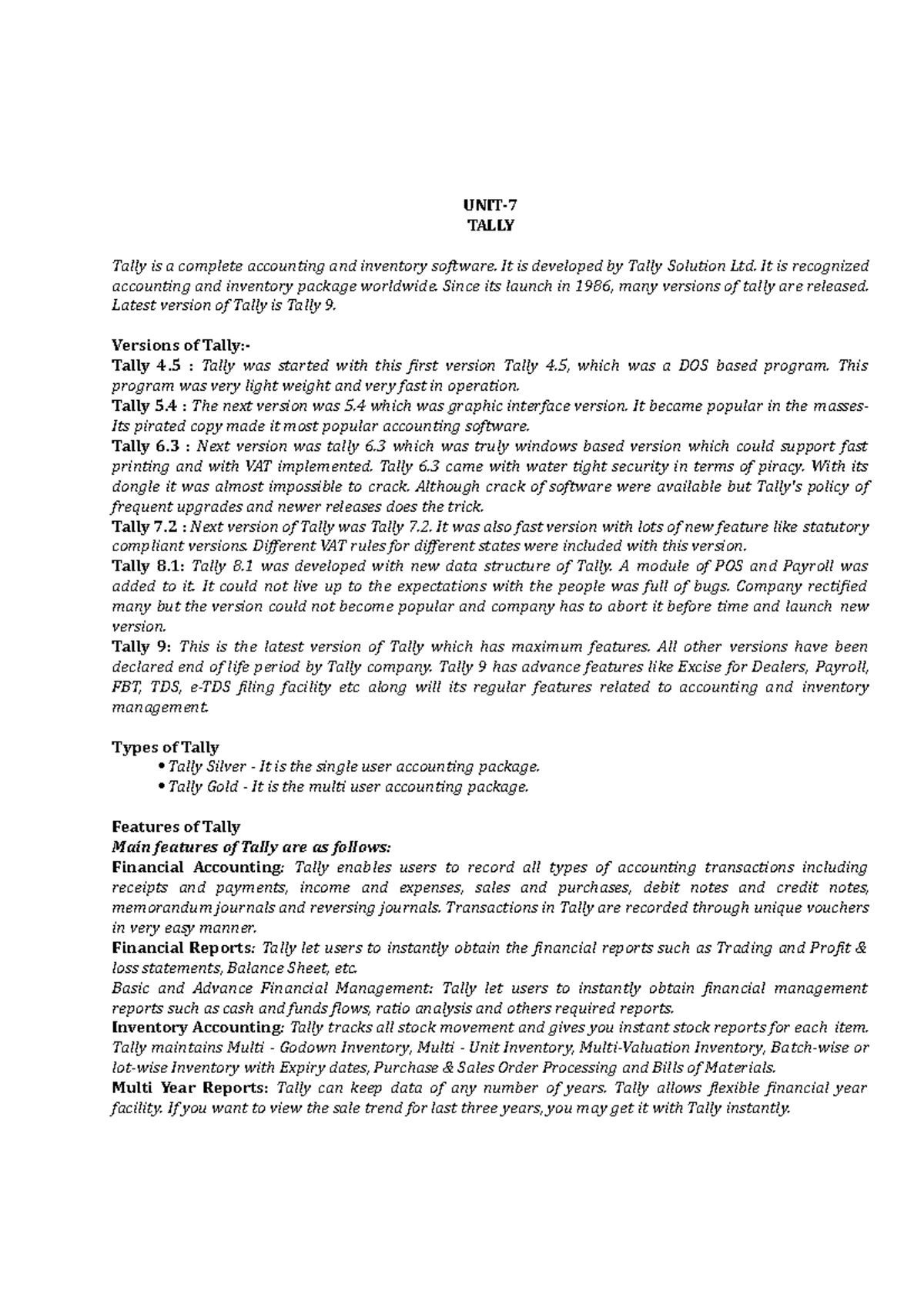 Unit-7 Tally - It’s lecture notes - UNIT- TALLY Tally is a complete ...