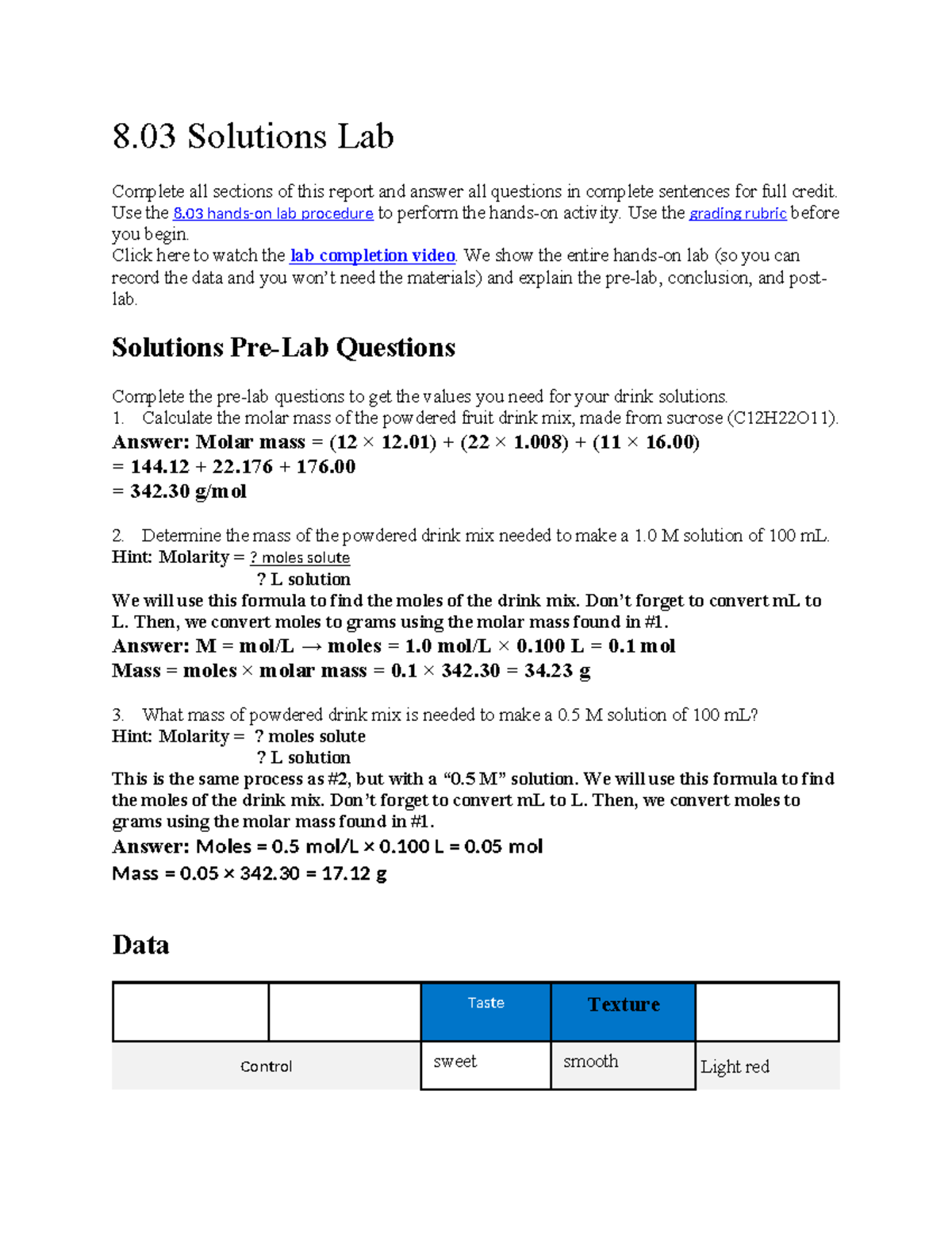 8.03 Solutions lab report: Molarity calculations and solubility factors ...