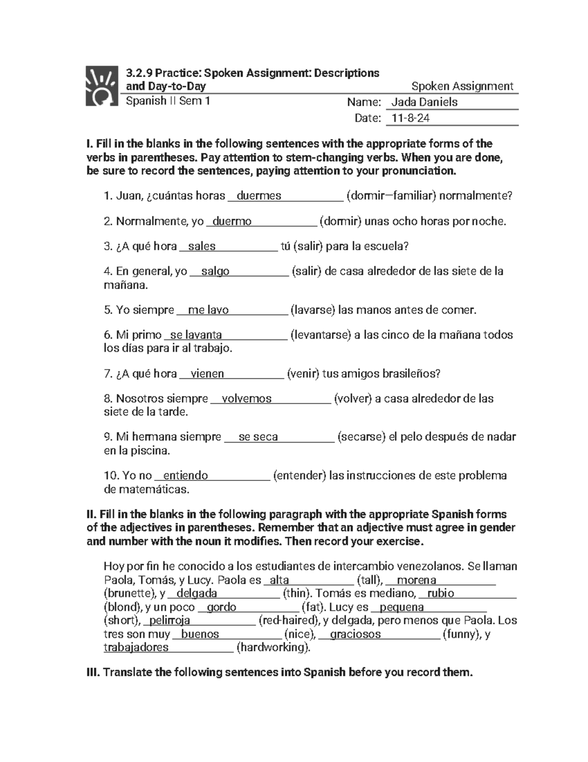 3.2.9 Practice - Spanish II Sem 1 Spoken Assignment Details - Studocu