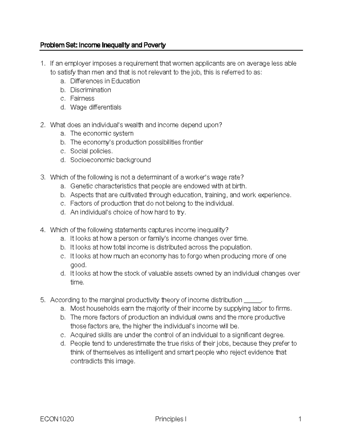ECON1020 Problem Set: Income Inequality and Poverty Analysis - Studocu