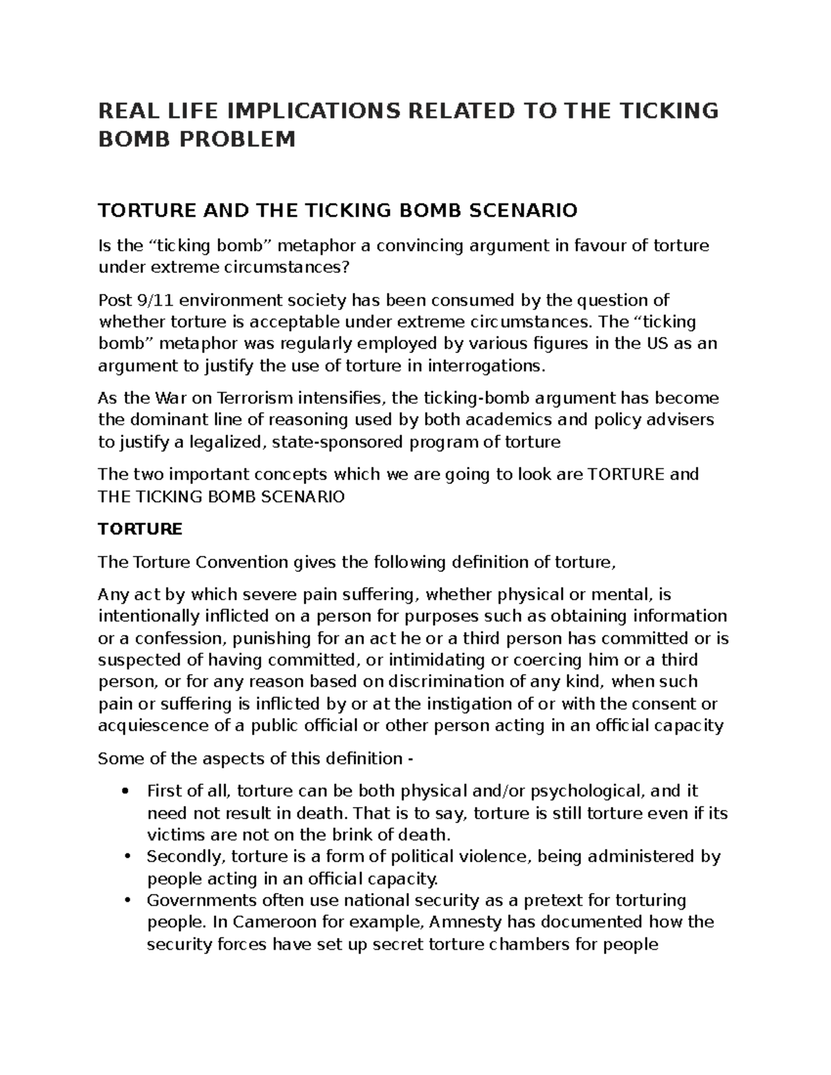 Real Life Implications of the Ticking Bomb Problem: Torture ...