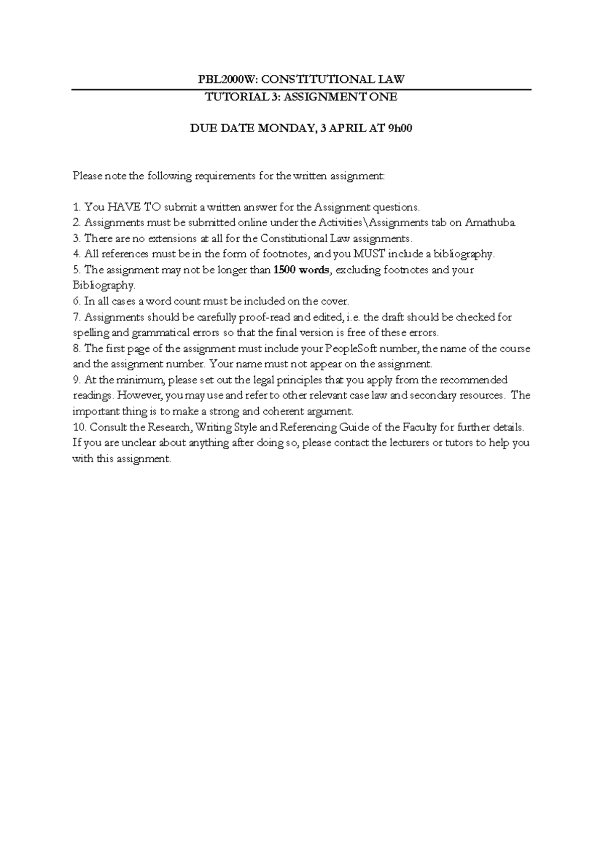 Tutorial 3 Assignment 1 2023 - PBL2000W: CONSTITUTIONAL LAW TUTORIAL 3 ...