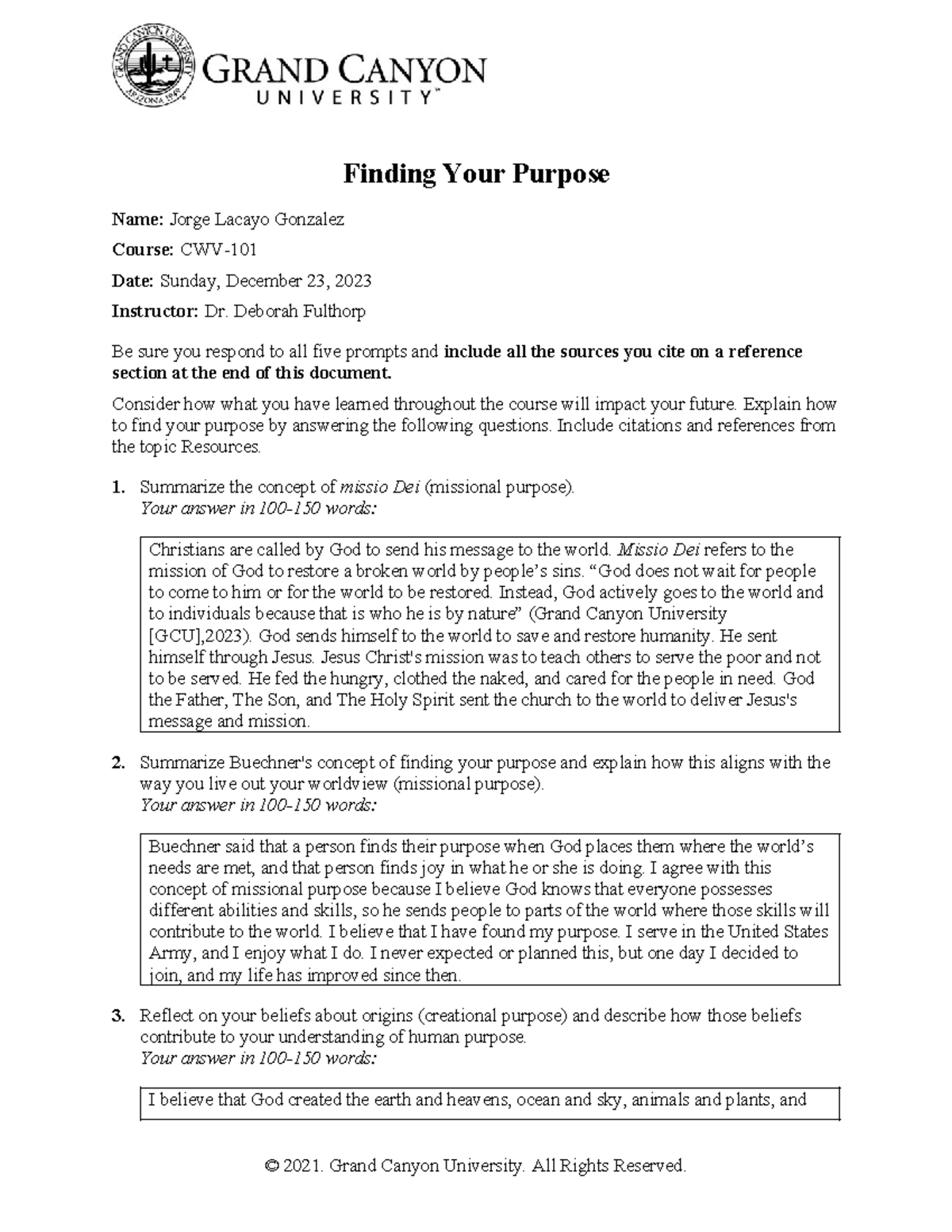 CWV-101 Topic 7: Finding Your Purpose in Life and Work - Studocu