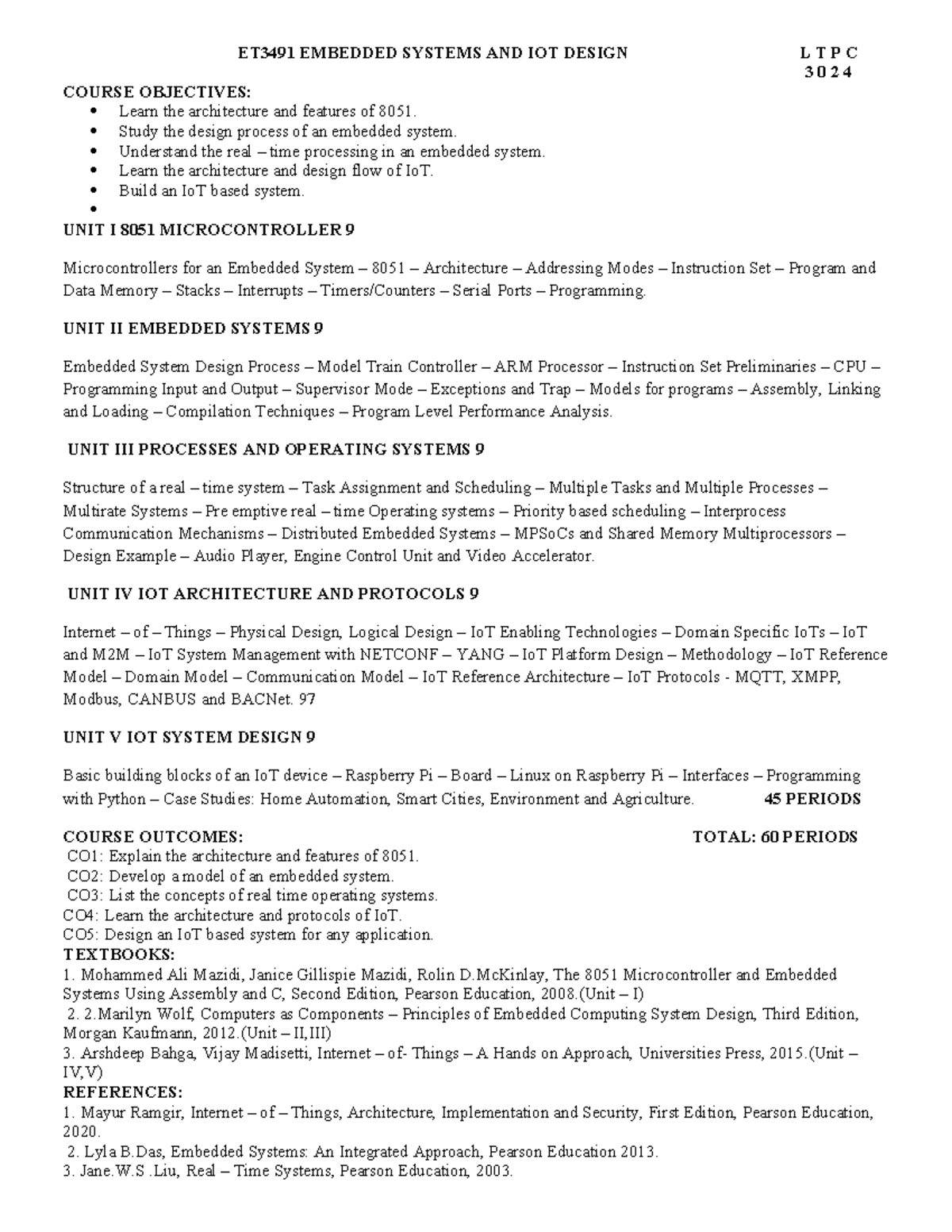 ET3491 Embedded Systems and IoT Design Syllabus Overview - Studocu