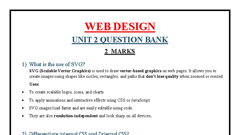 WEB DESIGN UNIT 2 QUESTION BANK: Key Concepts & CSS Techniques - Studocu