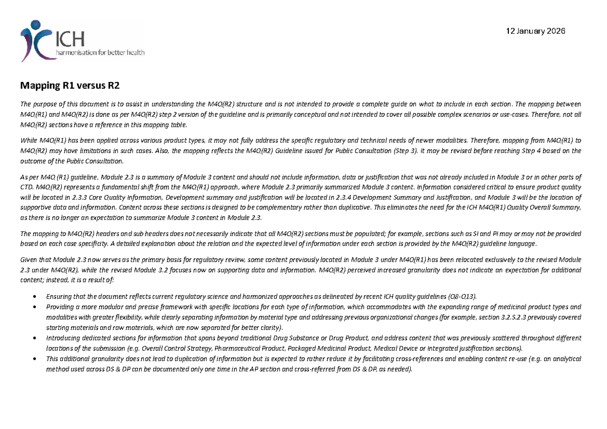 ICH M4Q(R2) Mapping Document: R1 vs R2 Overview (2026) - Studocu